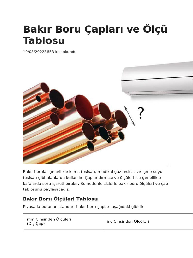 Bakır Boru Çapları Ve Ölçü Tablosu | PDF