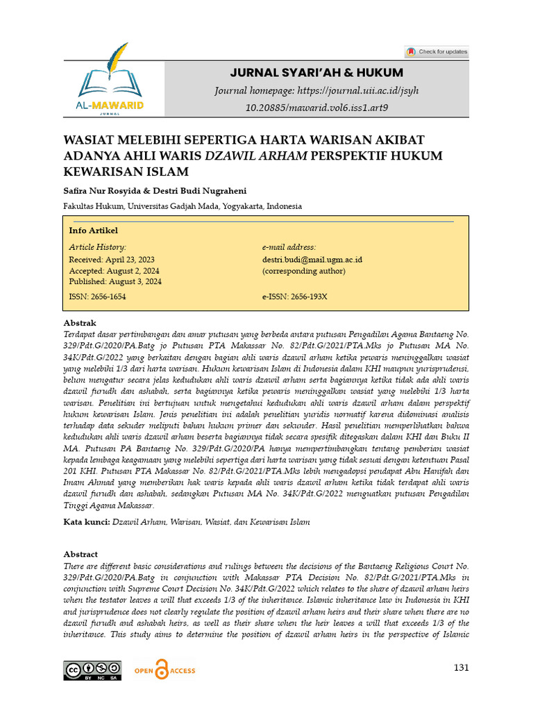 Jurnal Syari'ah & Hukum Asiat Melebihi Sepertiga Harta Warisan Akibat Adanya Ahli Waris Dzawil ...