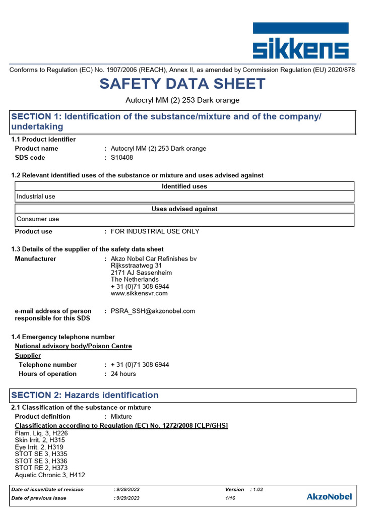 S01 Autocryl MM 2 253 Dark Orange KE6N | PDF | Occupational Safety And ...