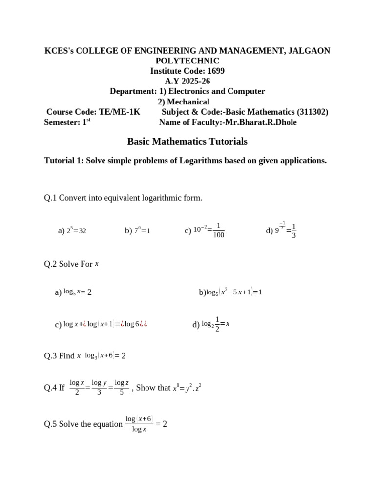 TE and ME Tutorial BMS Titles | PDF | Logarithm | Matrix (Mathematics)