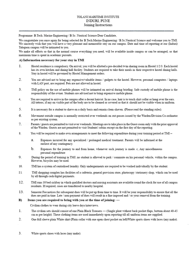 TMI Joining Instructions for New Students | PDF | Expense | Physician