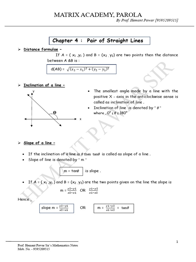 Mathematics Notes on Straight Lines | PDF | Line (Geometry) | Slope