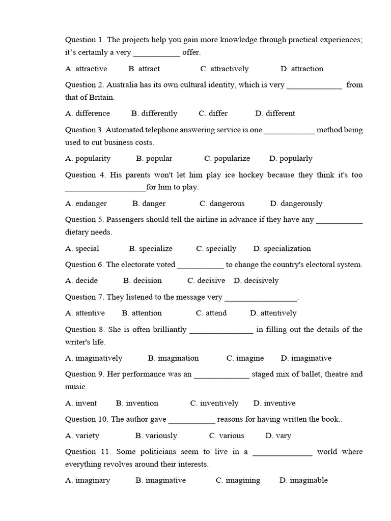 English Vocabulary Quiz Questions | PDF