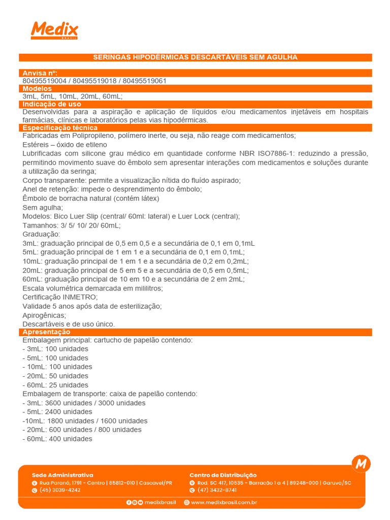 Ficha Tecnica Seringa Medix | PDF