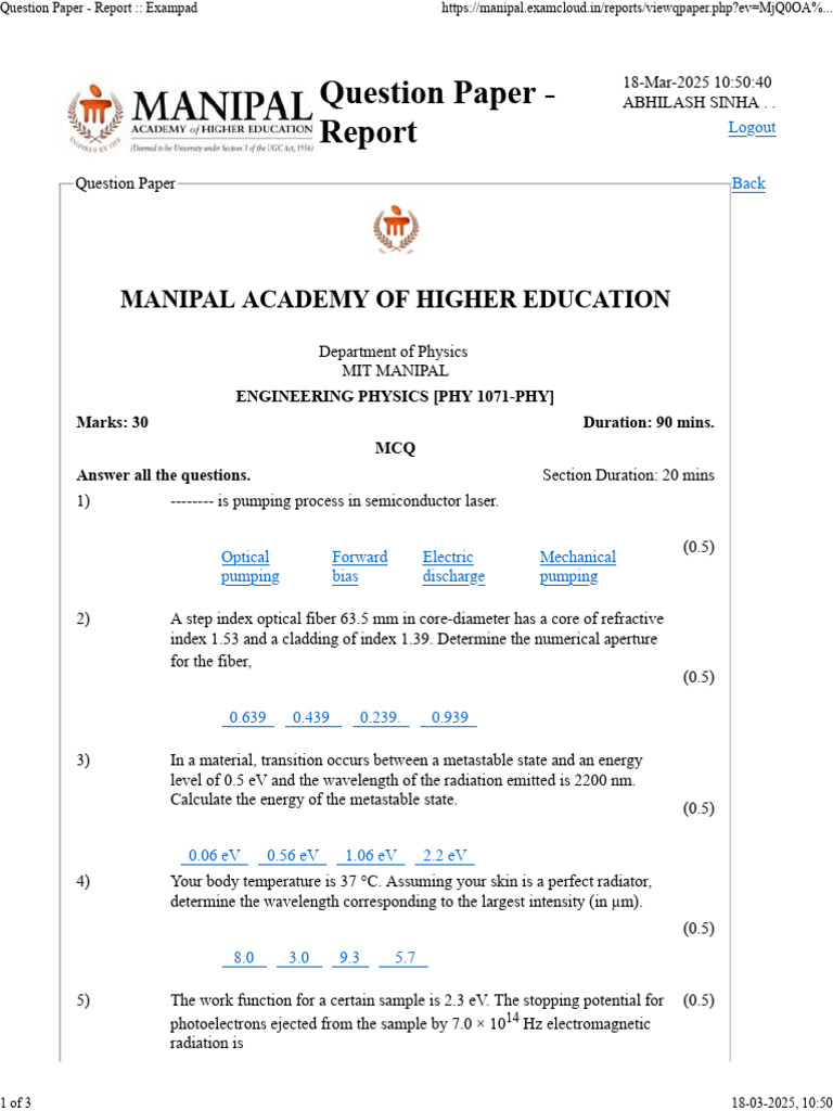 Question Paper - : Manipal Academy of Higher Education | PDF | Electron ...