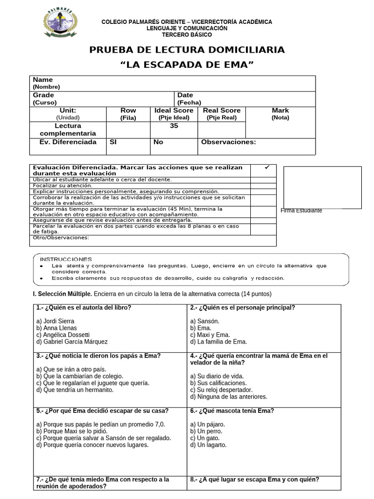 Prueba de Lectura: "La Escapada de Ema" | PDF