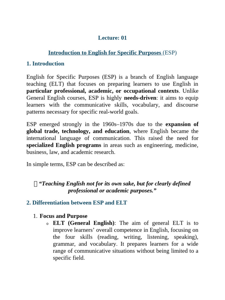 Lecture 1 Esp 6 Se 2025 Pdf Learning English Language