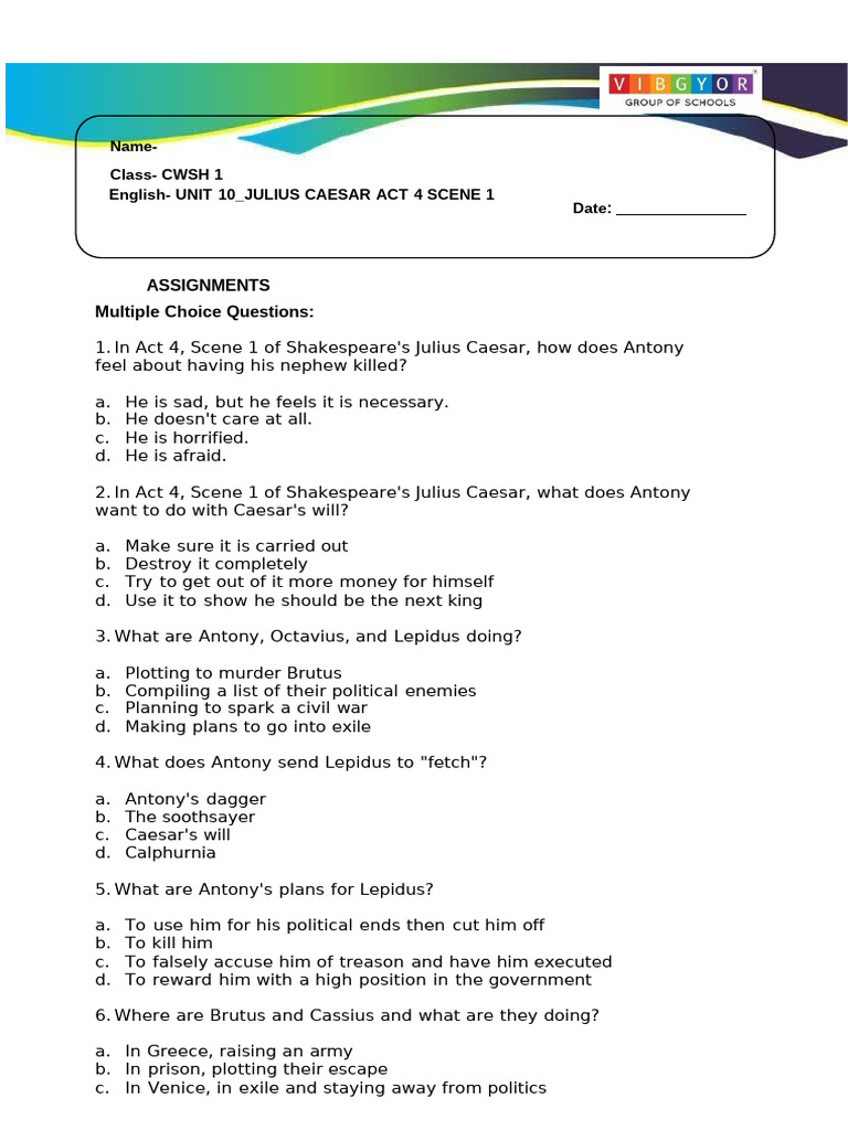 Julius Caesar Act 4 Scene 1 Quiz | PDF