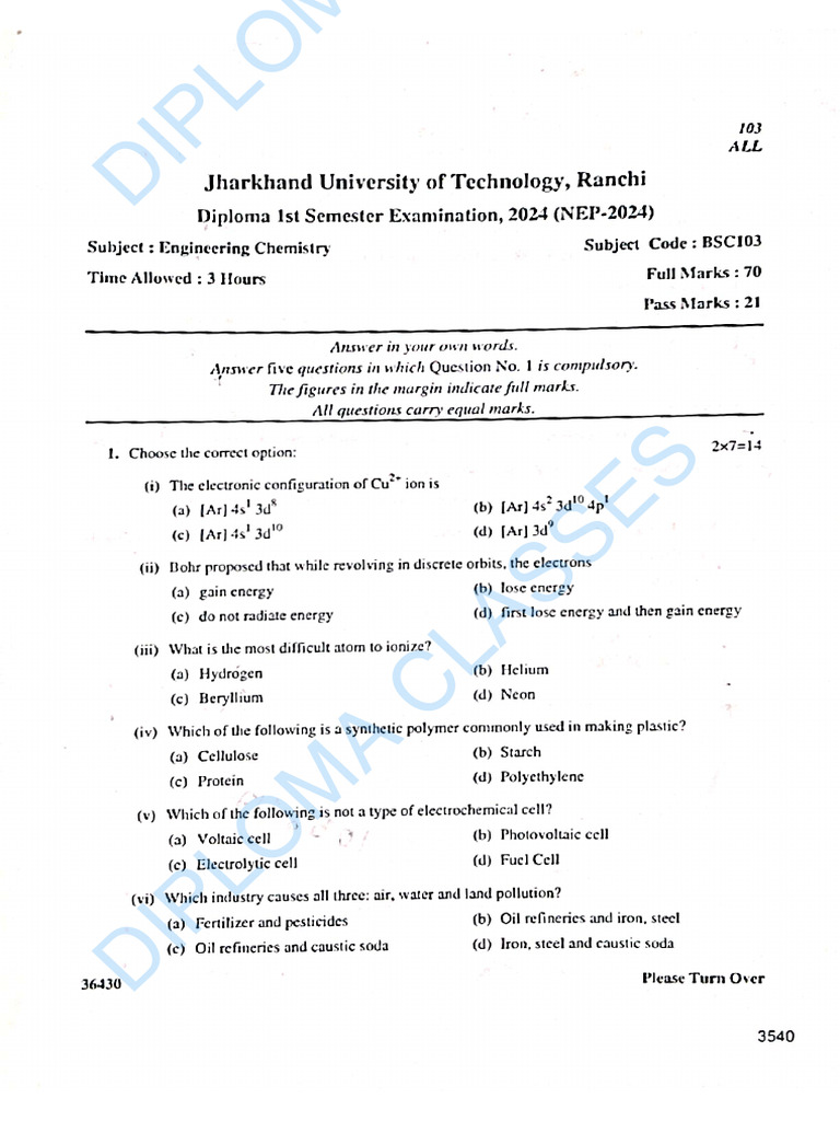 1st Sem Diploma Question Paper 2024-2027 | PDF