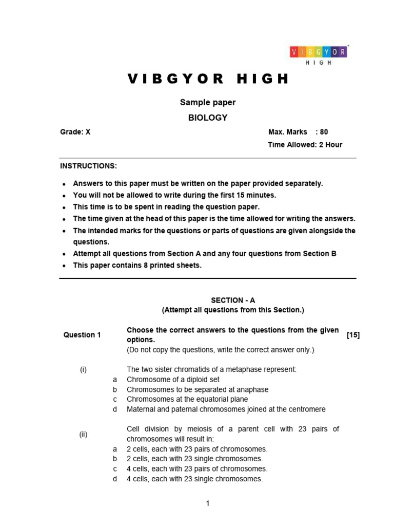 Biology Exam Paper for Grade X | PDF | Chromosome | Biology
