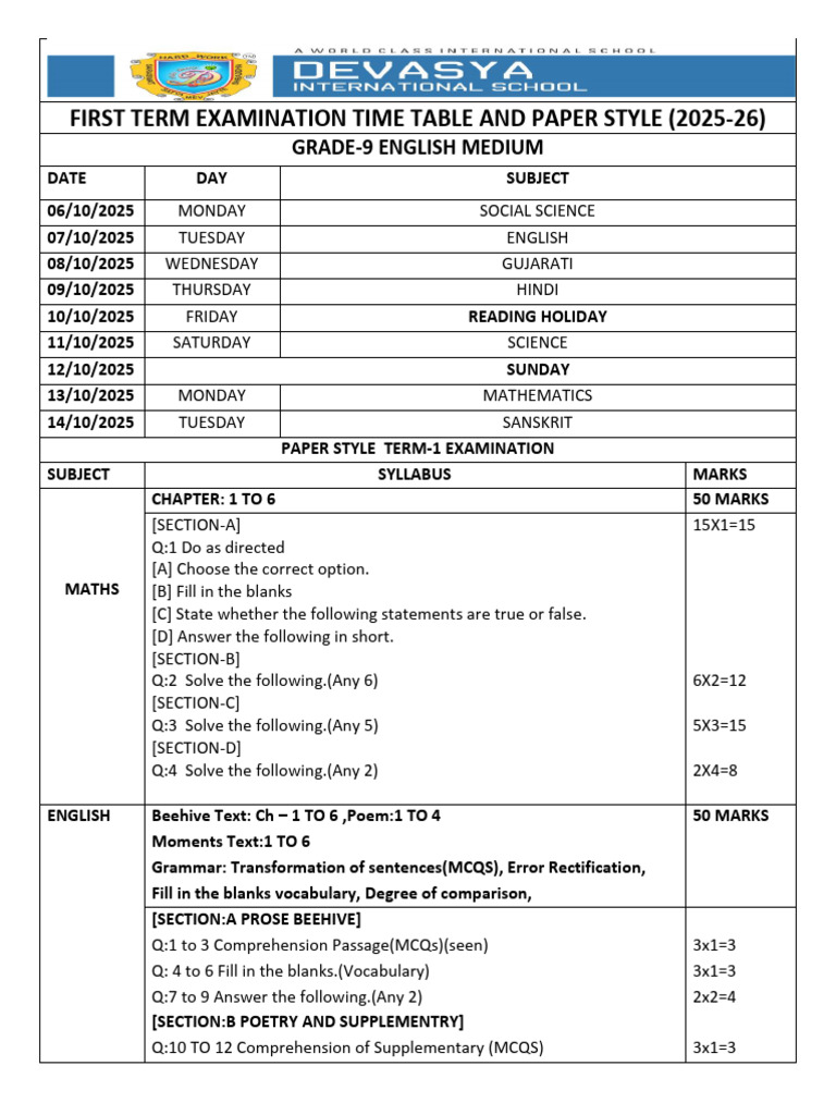 First Term Examination Time Table and Paper Style (2025-26) : Grade-9 ...