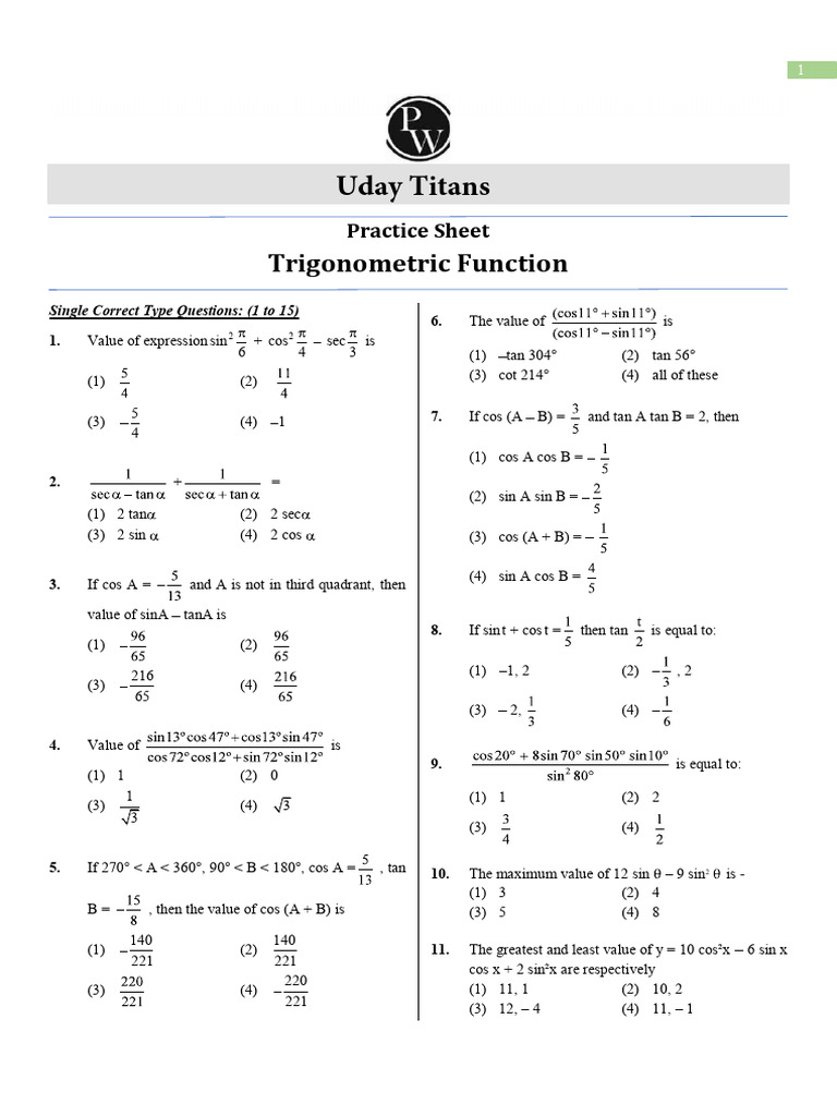 Trigonometric Functions - Practice Sheet | PDF | Chess Theory | Chess