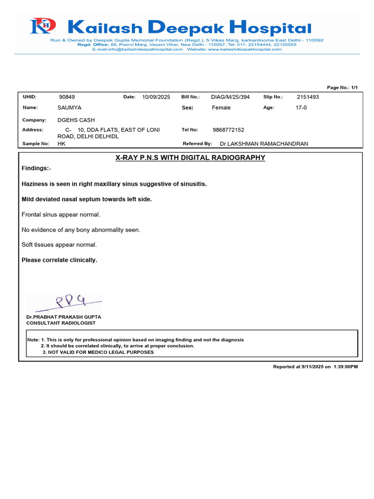X-Ray P.N.S With Digital Radiography: 90849 Saumya Dgehs Cash Female DIAG/M/25/39421 2151493 17 ...