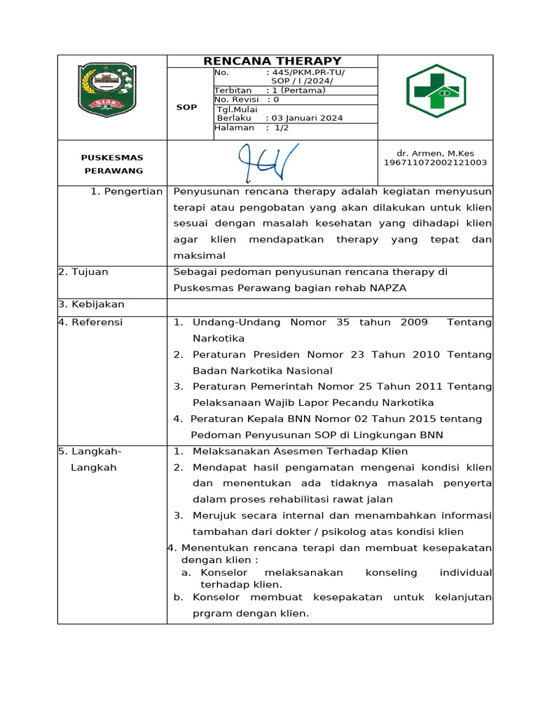 Rencana Terapi NAPZA Puskesmas 2024 | PDF