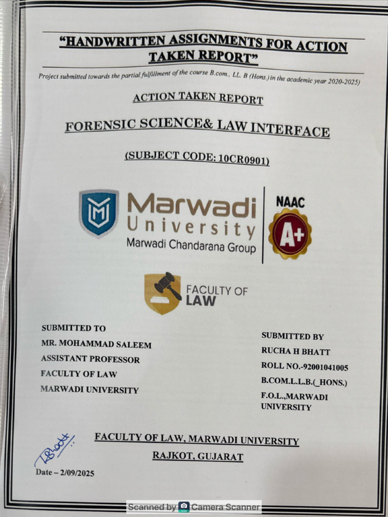 Rucha 05 BCMLLB Forensic Science Handwritten Assignment For Action Taken Report | PDF