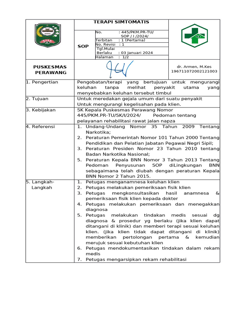 SOP Terapi Simtomatis Puskesmas Perawang | PDF