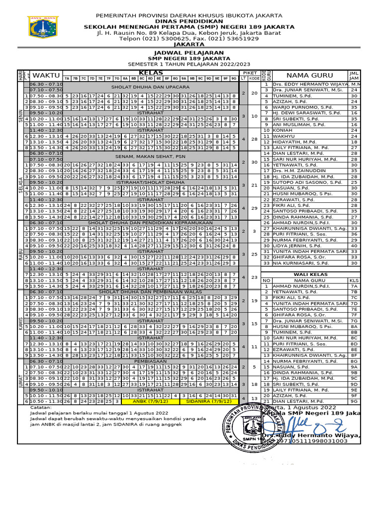 Jadwal Pelajaran SMPN 189 Jakarta 2022 | PDF