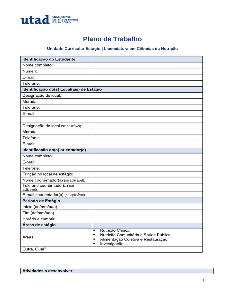 Plano de Trabalho_estagio Template | PDF