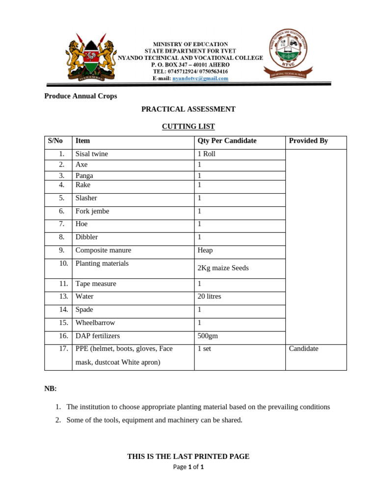 Cutting List Produce Annual Crops | PDF