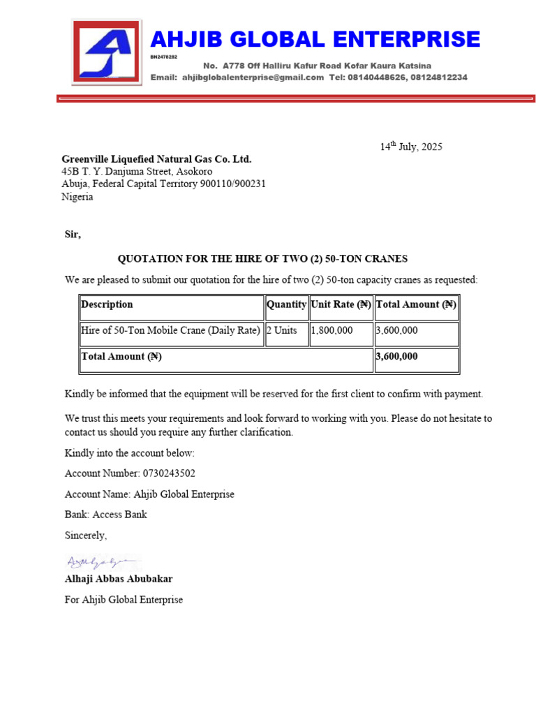 Crane Hire Quotation for LNG Co. | PDF