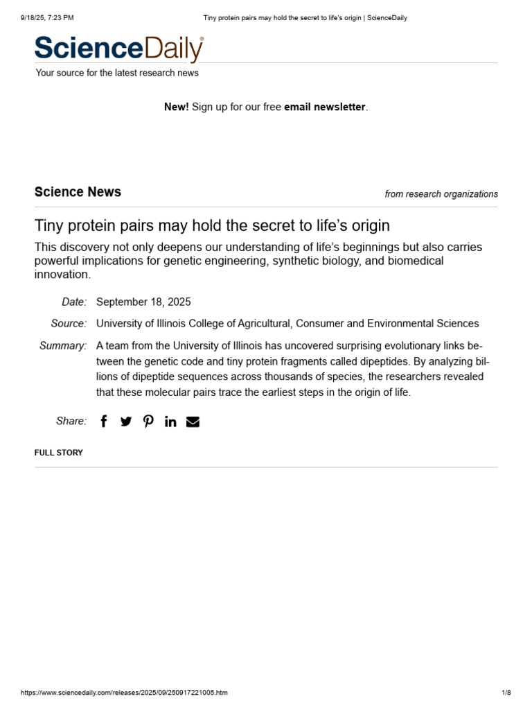 Tiny Protein Pairs May Hold The Secret To Life's Origin - ScienceDaily ...