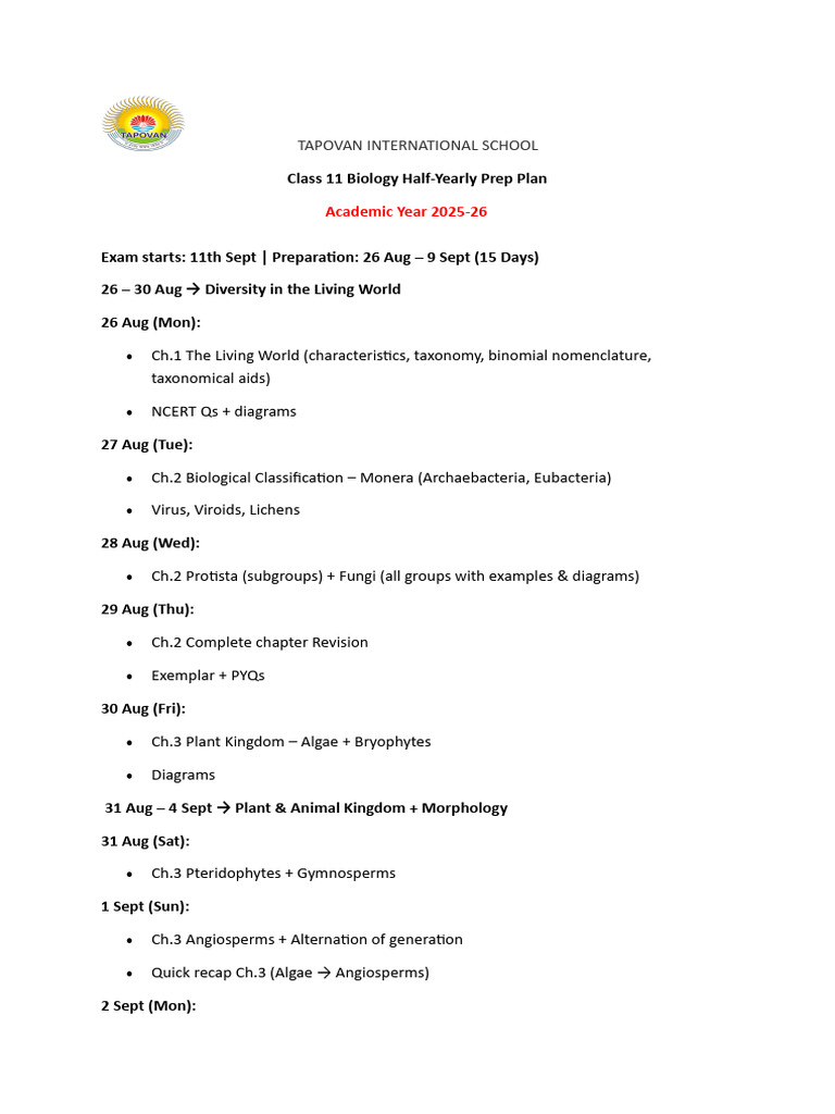 Class 11 Biology Prep Plan 2025-26 | PDF
