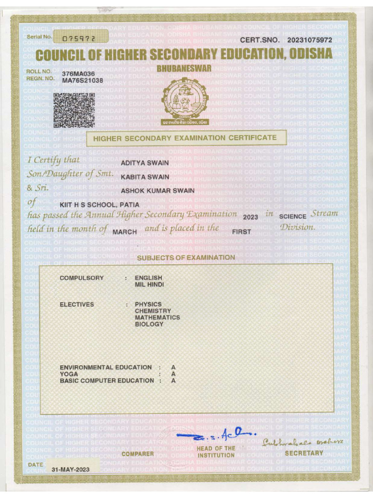 Plus Two Certificate | PDF