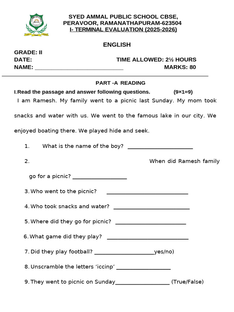 Grade 2 English Evaluation Paper | PDF