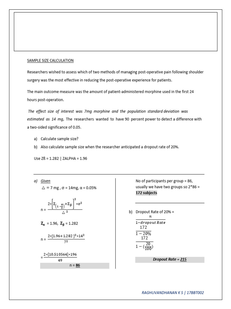 Sample Size Calculation for Pain Management | PDF