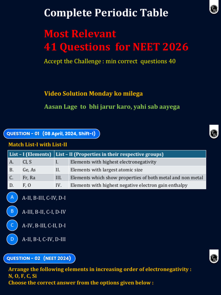 NEET 2026: Key Questions & Solutions | PDF | Periodic Table | Atomic ...