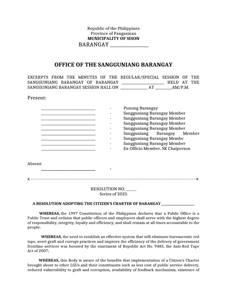 Barangay Citizen's Charter Resolution 2025 | PDF | Justice | Crime ...