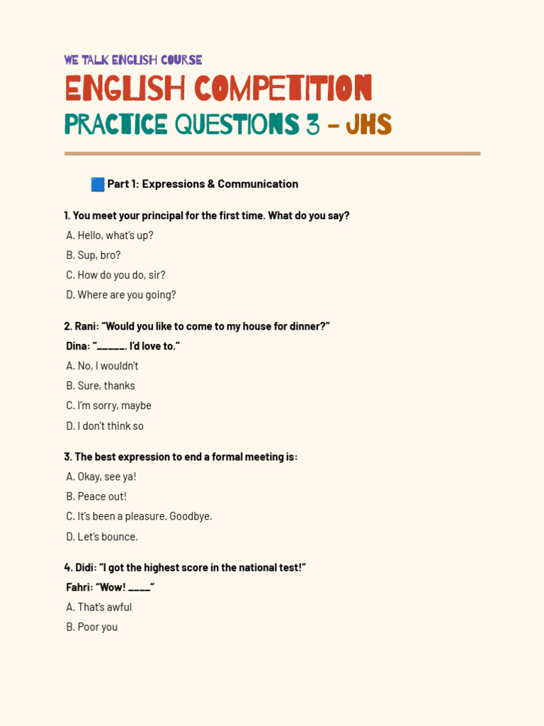 English Practice Questions for JHS | PDF
