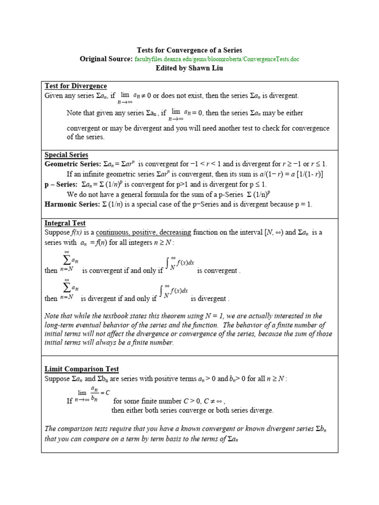 Convergence Tests for Infinite Series | PDF | Mathematical Concepts ...
