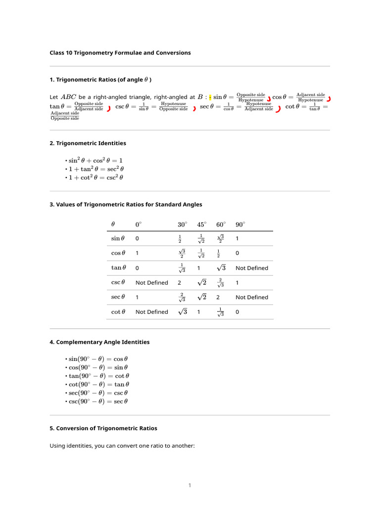 Class10 Trigonometry Formulas | PDF | Trigonometry | Euclidean Plane Geometry