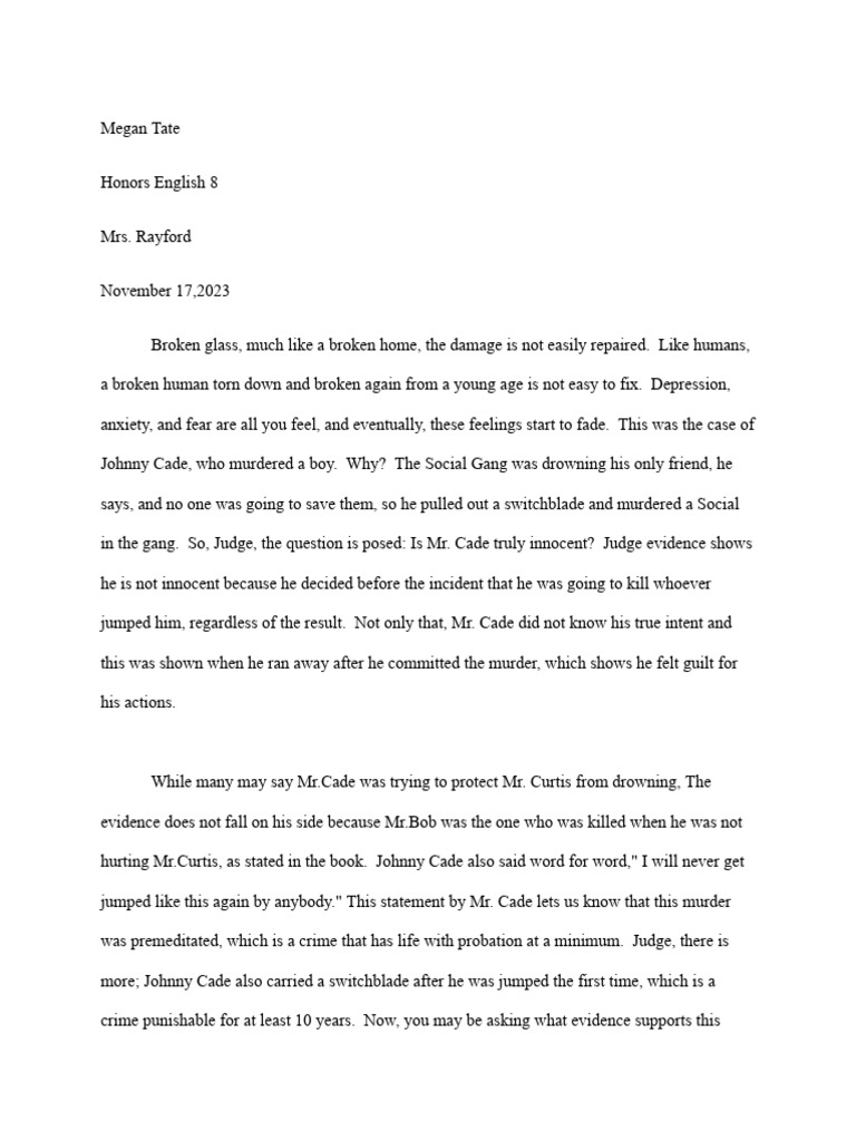 Writable - The Outsiders - Argument Essay - 1 | PDF | Murder | Criminal Law
