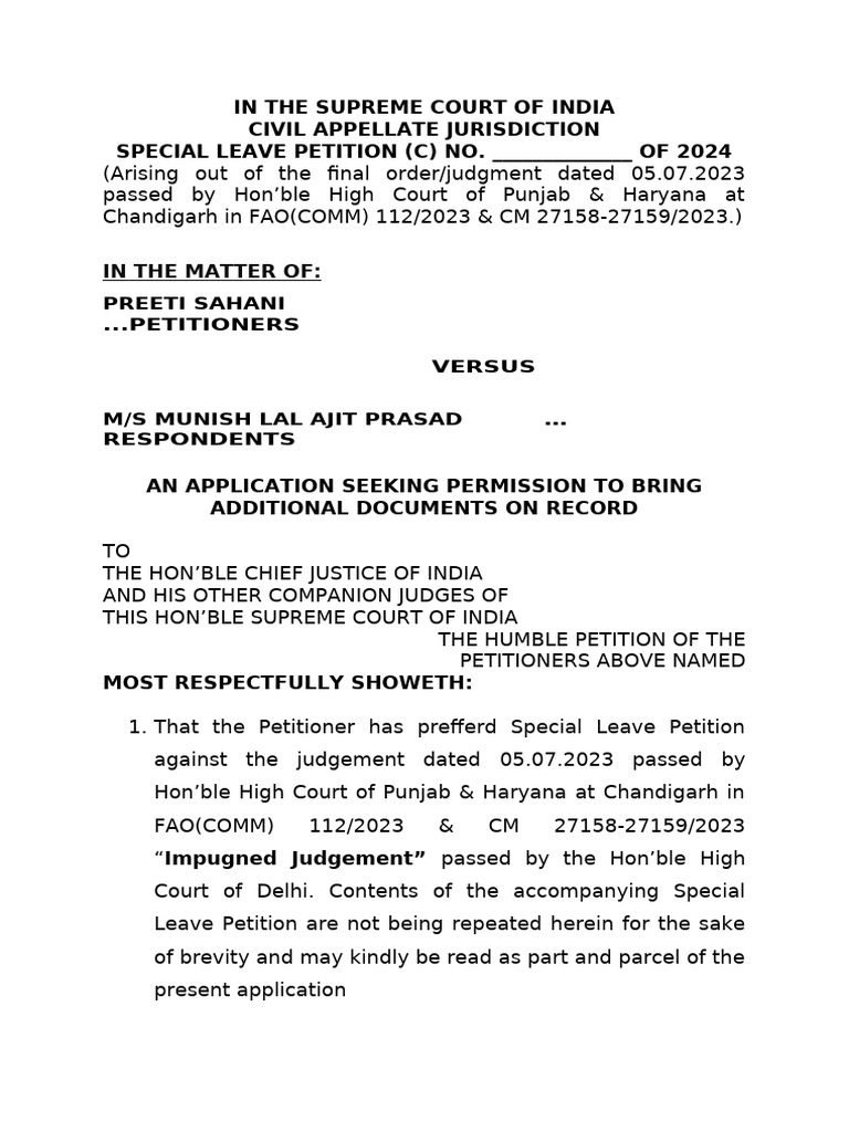 Special Leave Petition for Additional Documents | PDF | Judgment (Law ...