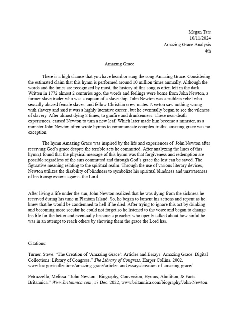 Analysis of "Amazing Grace" Hymn | PDF | Amazing Grace | Religious ...