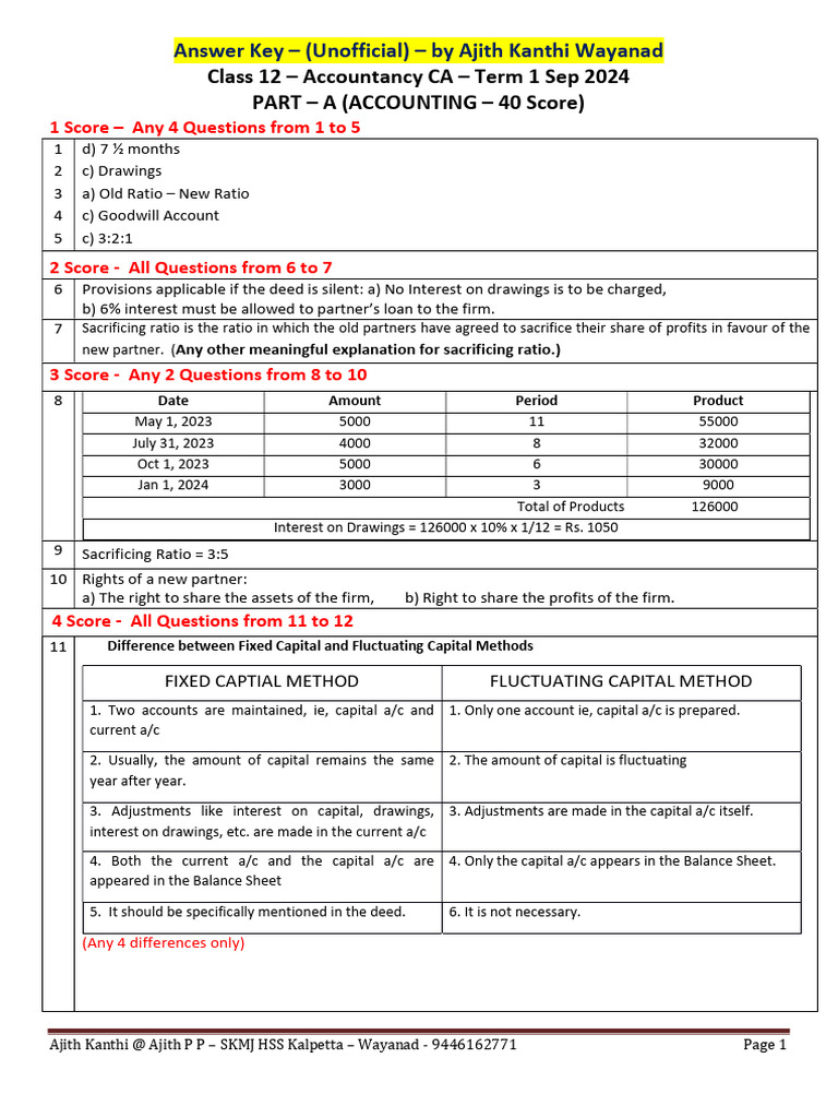 Class 12 Accountancy Term 1 Answer Key | PDF | Spreadsheet | Goodwill ...