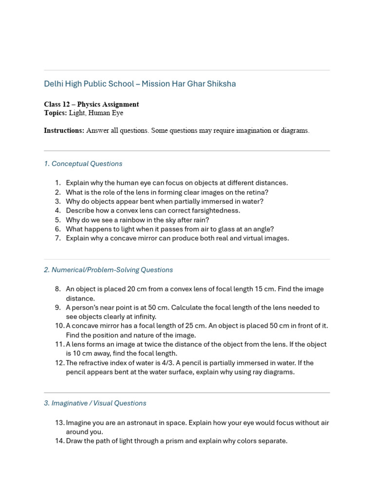 Class 12 Physics: Light & Human Eye Assignment | PDF