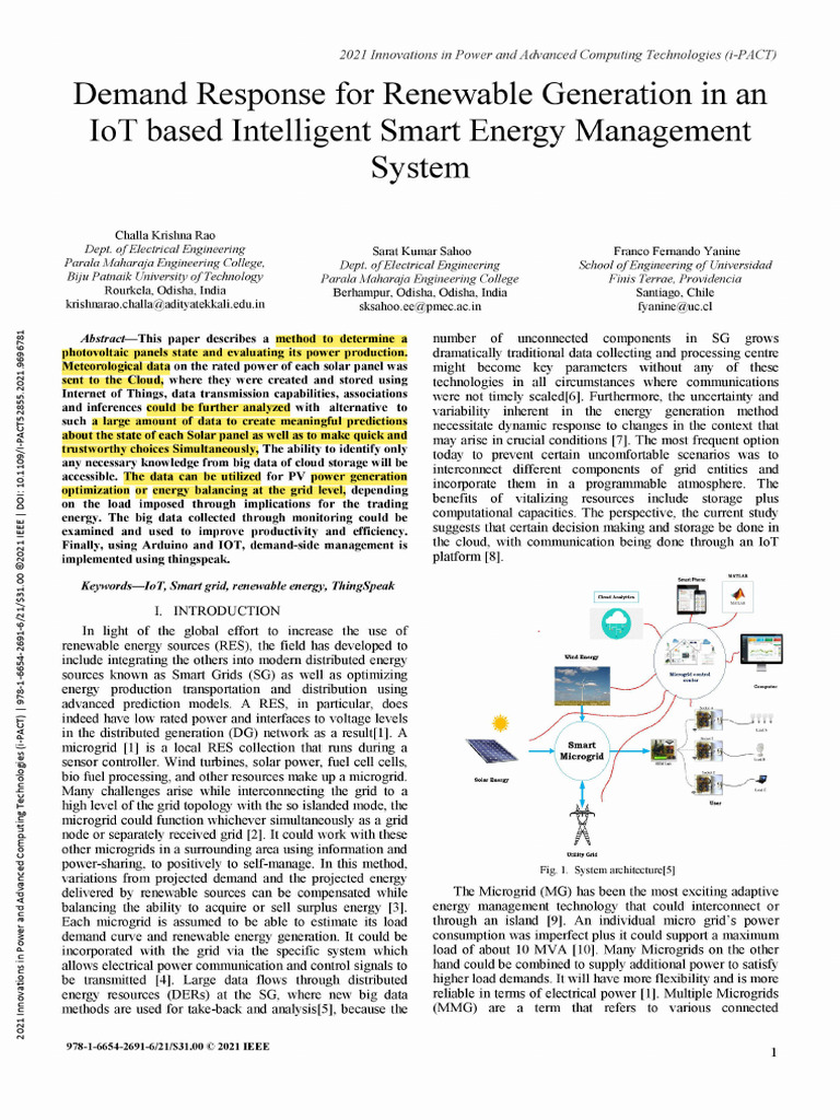 Demand Response For Renewable Generation in An IoT Based Intelligent ...