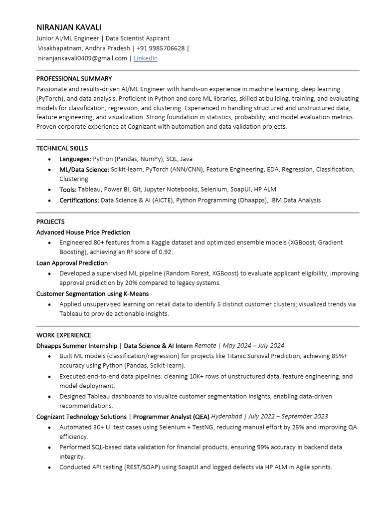 Niranjan Kavali Ds Resume | PDF | Machine Learning | Data Science