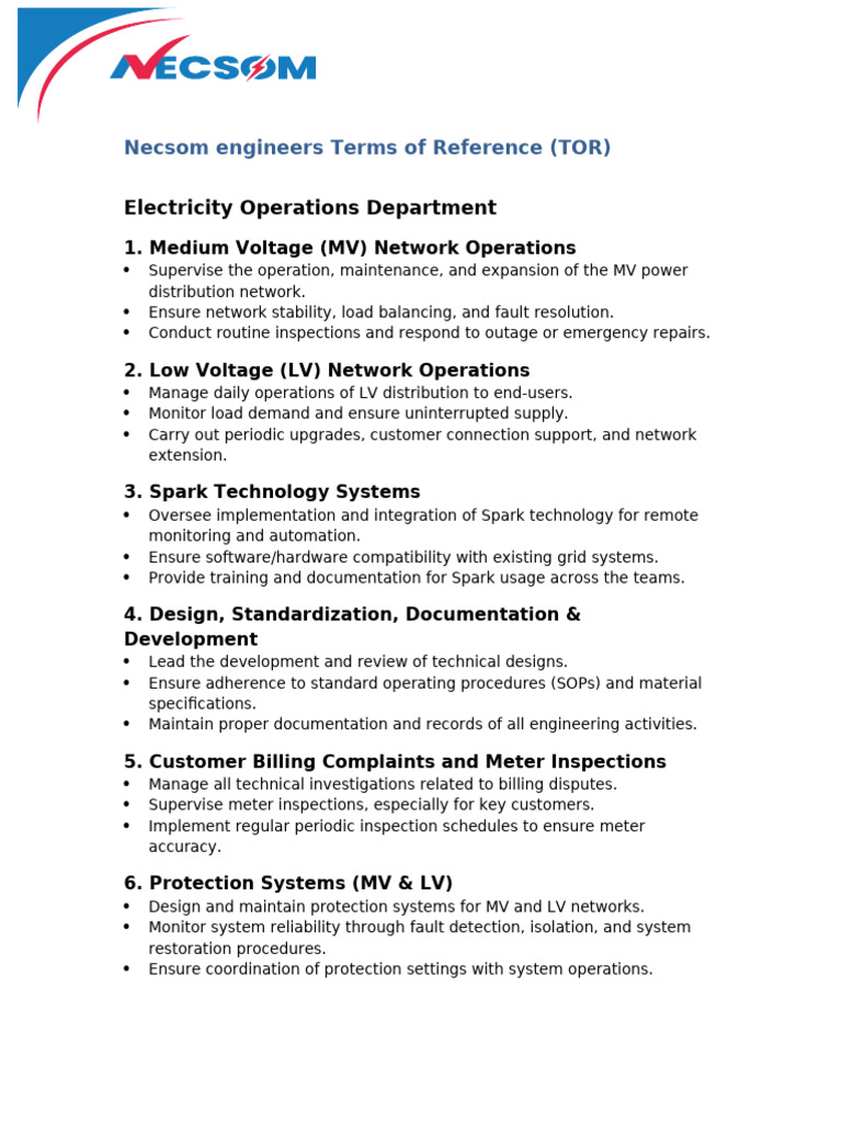 Electricity Operations TOR | PDF | Electrical Grid | Regulatory Compliance