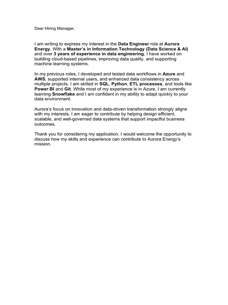 Hammad Anwar Cover Letter Aurora Energy | PDF