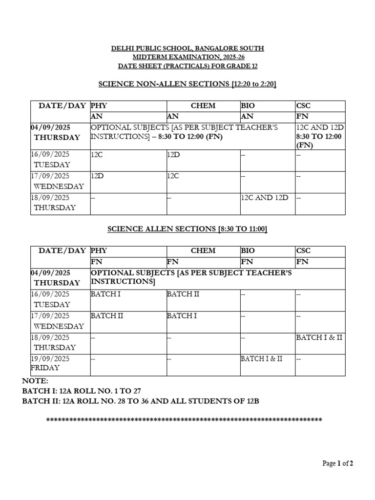 Midterm 2025-26 Date Sheet For 12th Practicals | PDF
