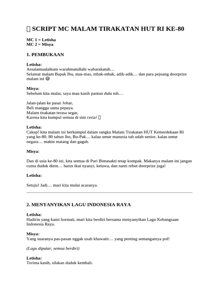 Script MC Malam Tirakatan Hut Ri Ke-80 Puri Bimasakti | PDF