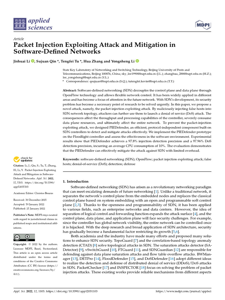 Packet Injection Exploiting Attack and Mitigation in SDN 2022 | PDF ...