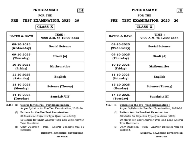 Class 10 Pre-Test Exam Schedule 2025 | PDF