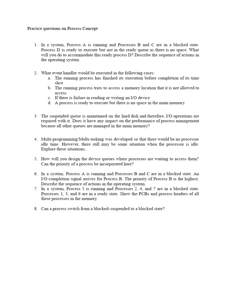 Practice Questions On Process Concept | PDF