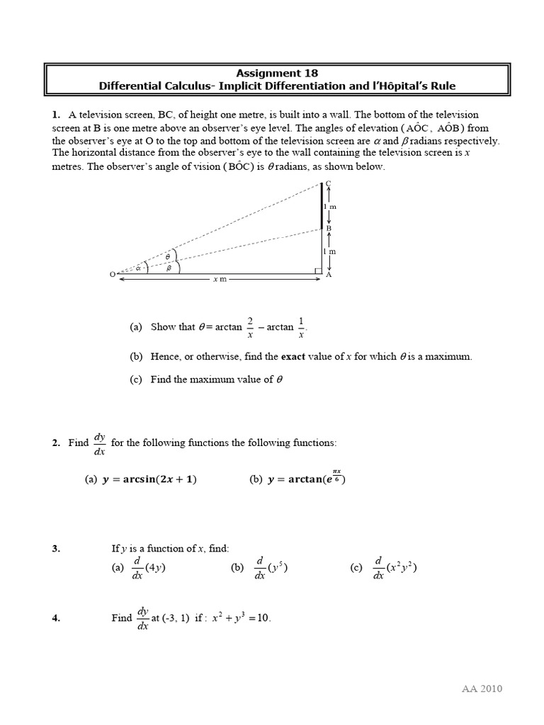 Assignment 18- Differential Calculus- Inverse Trig, Implicit and LHopital | PDF | Tangent ...