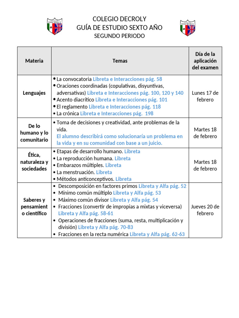 Guia de Estudio - Sexto - Segundo Periodo | PDF